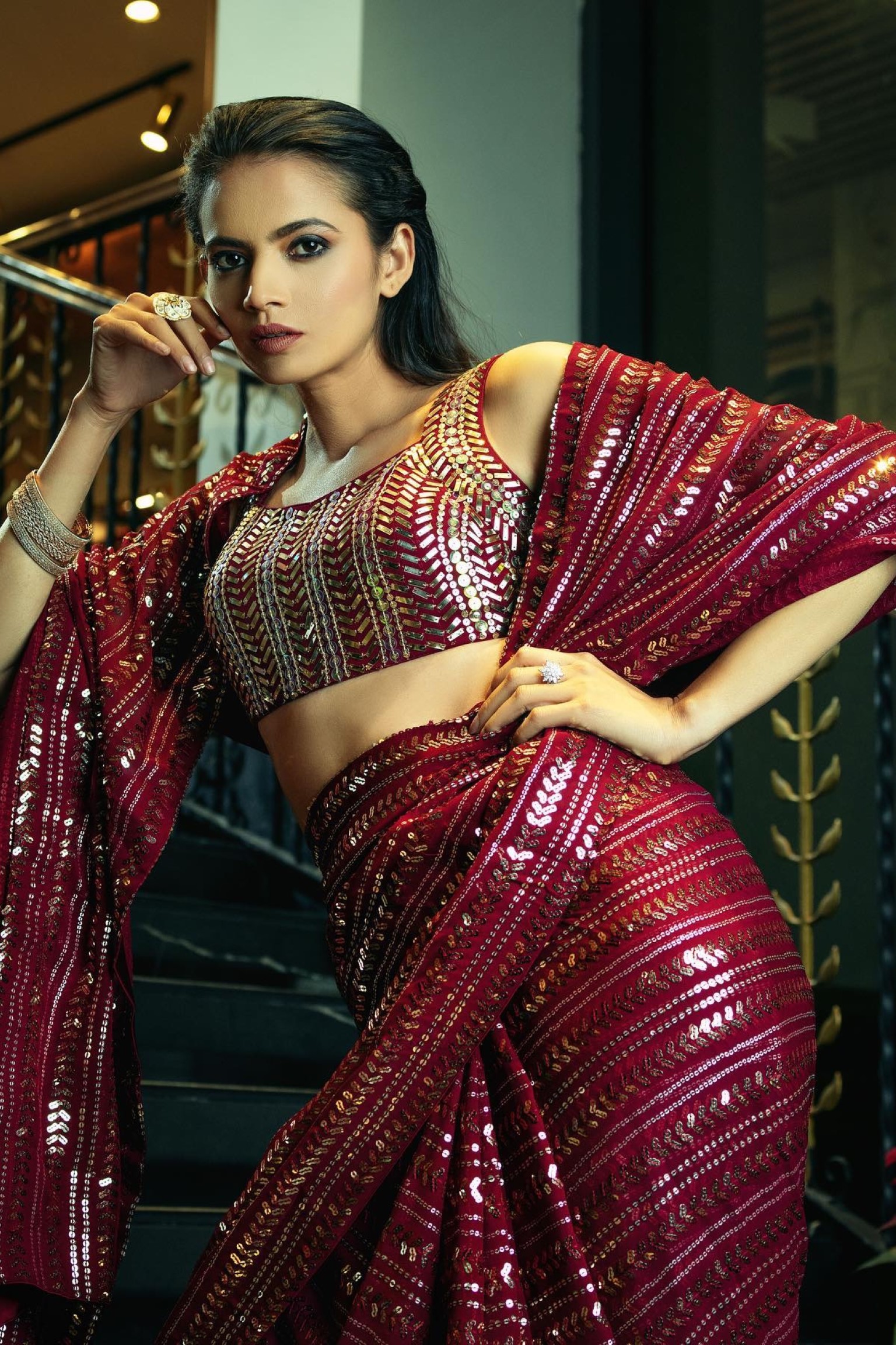 Budget Maroon sequin saree - Designerkloth - Women Clothing Store
