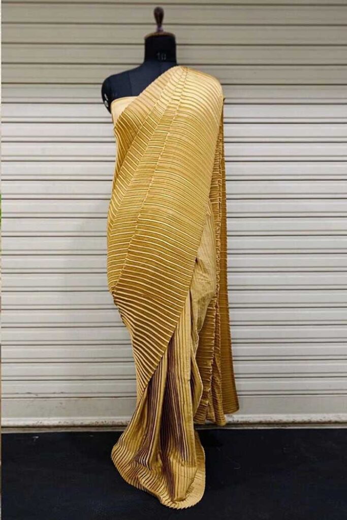Premium Golden Pleated Silk Designer Saree - Designerkloth